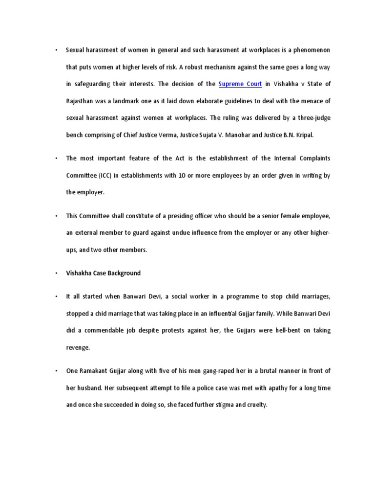 Vishakha Guidelines Notes | PDF | Sexual Harassment | Rape