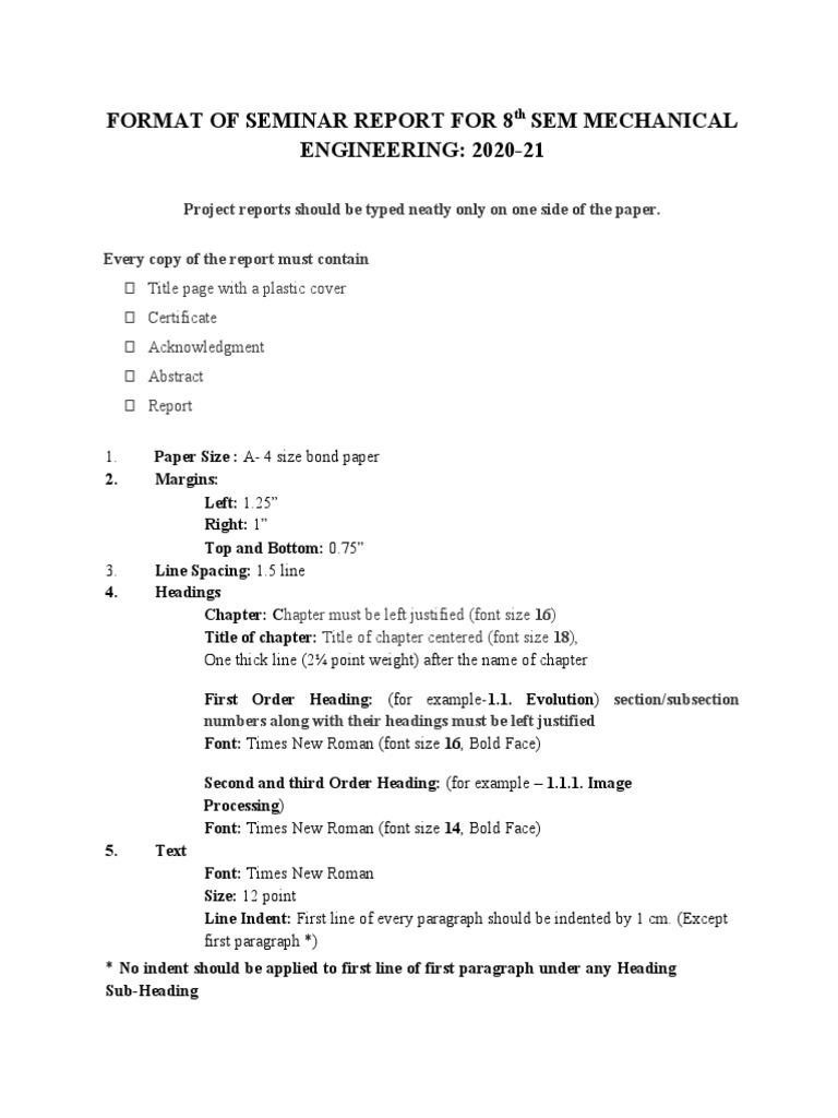 Seminar Report Guidelines ME 2020 21 | PDF | Times New Roman | Paragraph