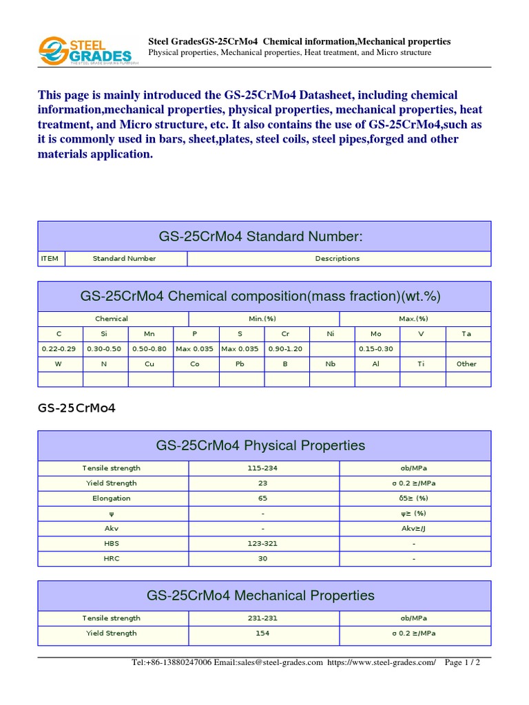 Datasheet For Steel Grades Special Alloy Gs-25Crmo4 | PDF | Rolling ...
