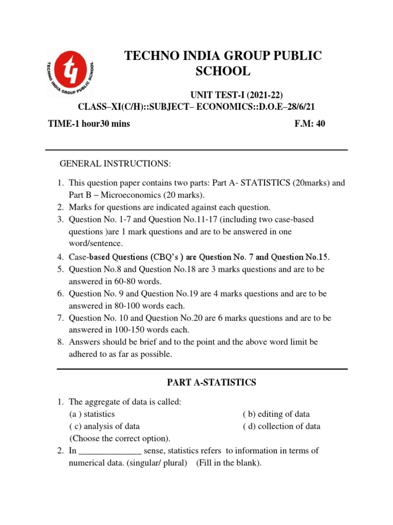 Unit Test1.class11, Economics, 2021-22 | PDF | Survey Methodology ...