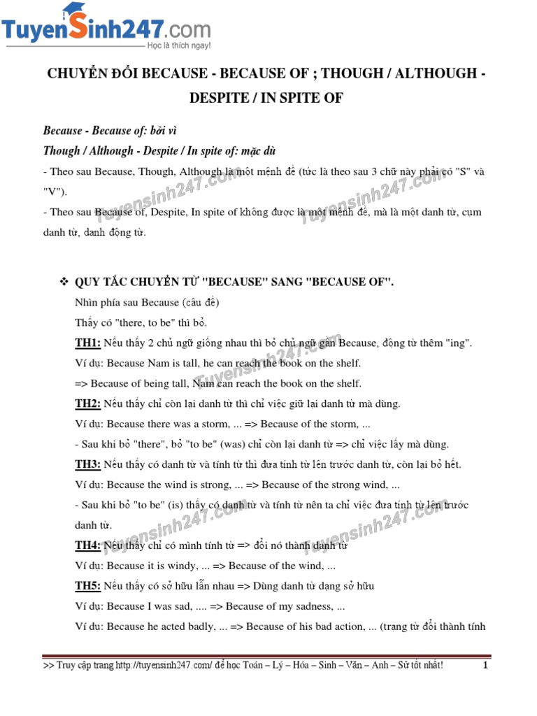 Bai Tap Chuyen Doi Because Because of Although Despite | PDF