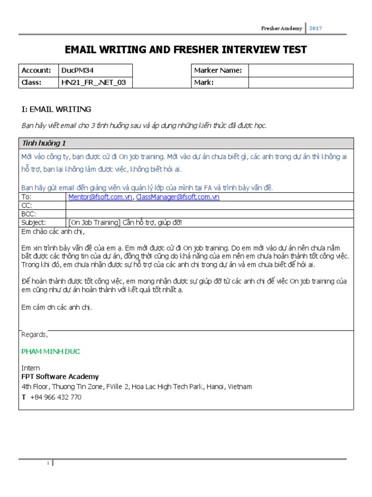 Email Writing Test - DucPM34 | PDF
