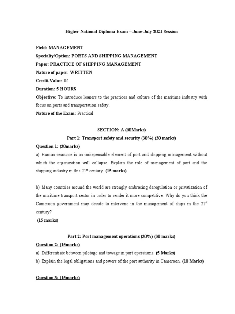 Ports and Shipping Management Exam 2021 | PDF