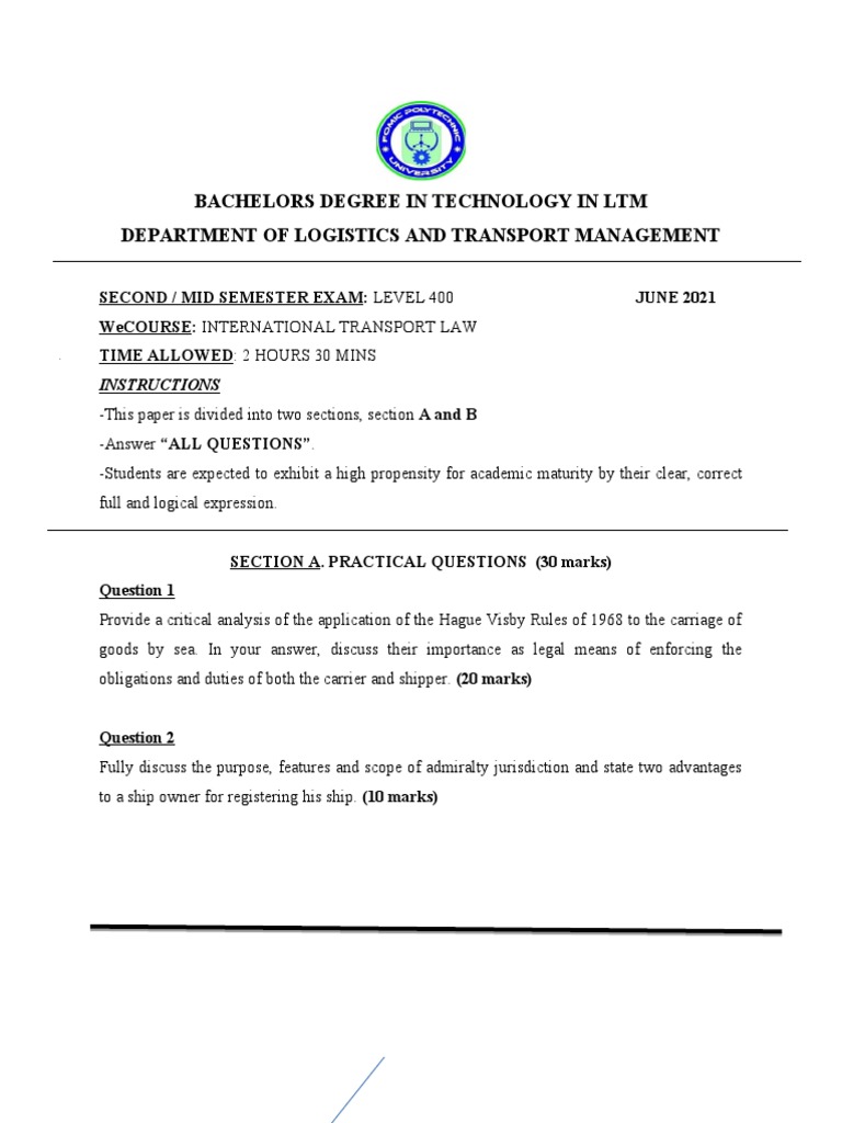 INTERNATIONAL TRANSPORT LAW EXAM FOMIC POLYTECHNIC Corrected | PDF | Admiralty Law | Ships