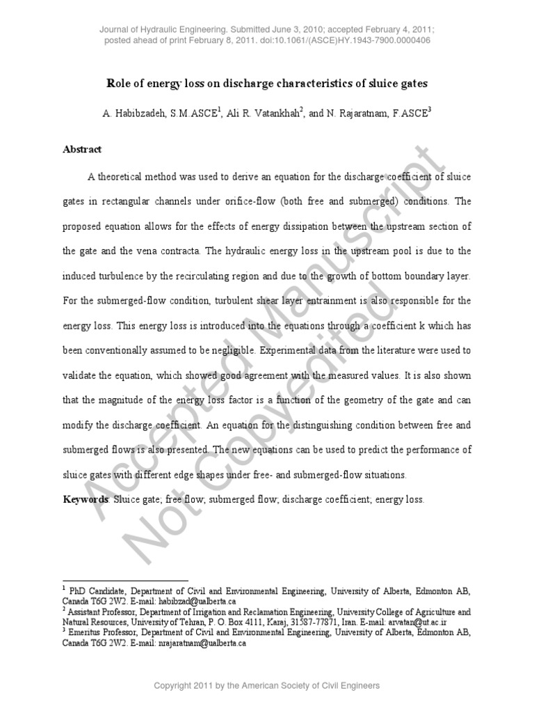 Role of Energy Loss On Discharge Characteristics of Sluice Gates | PDF ...