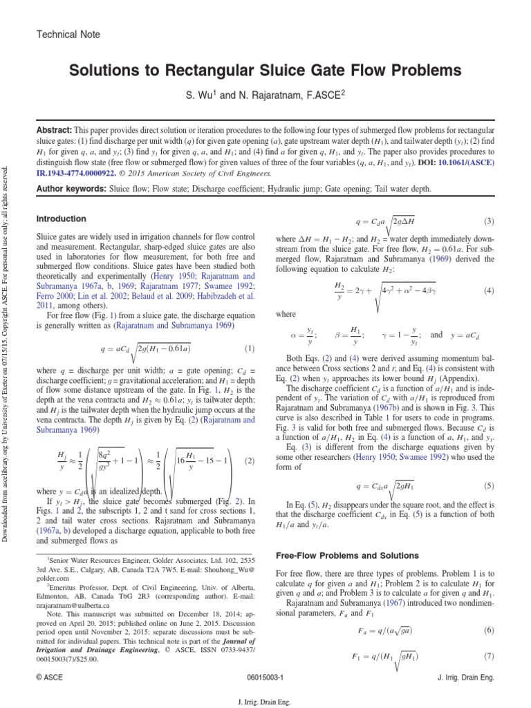 Solutions To Rectangular Sluice Gate Flow Problems: Technical Note ...
