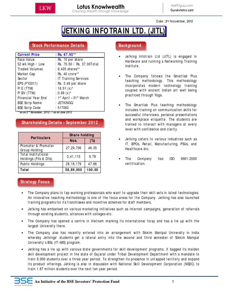 Investor Insights: Jetking Infotrain | PDF | Equity (Finance) | Return ...