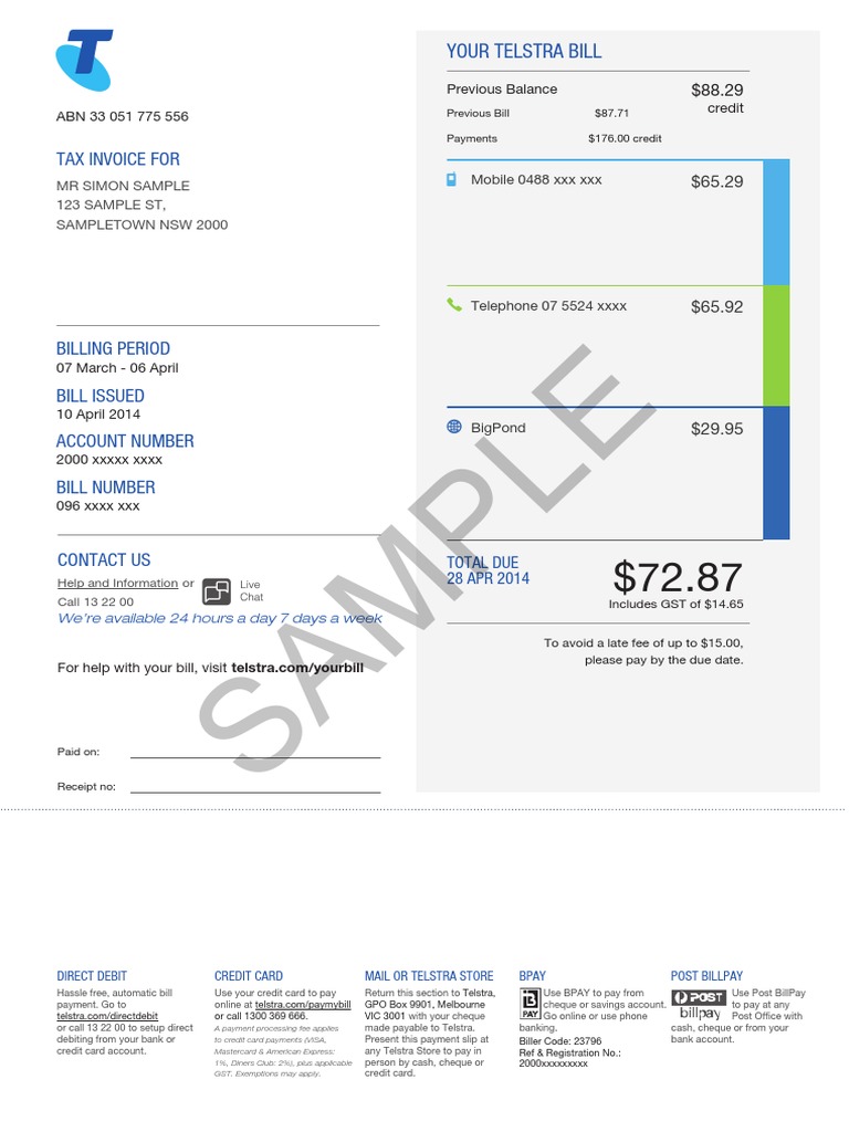 Telstra Sample Bill | PDF | Financial Services | Service Industries