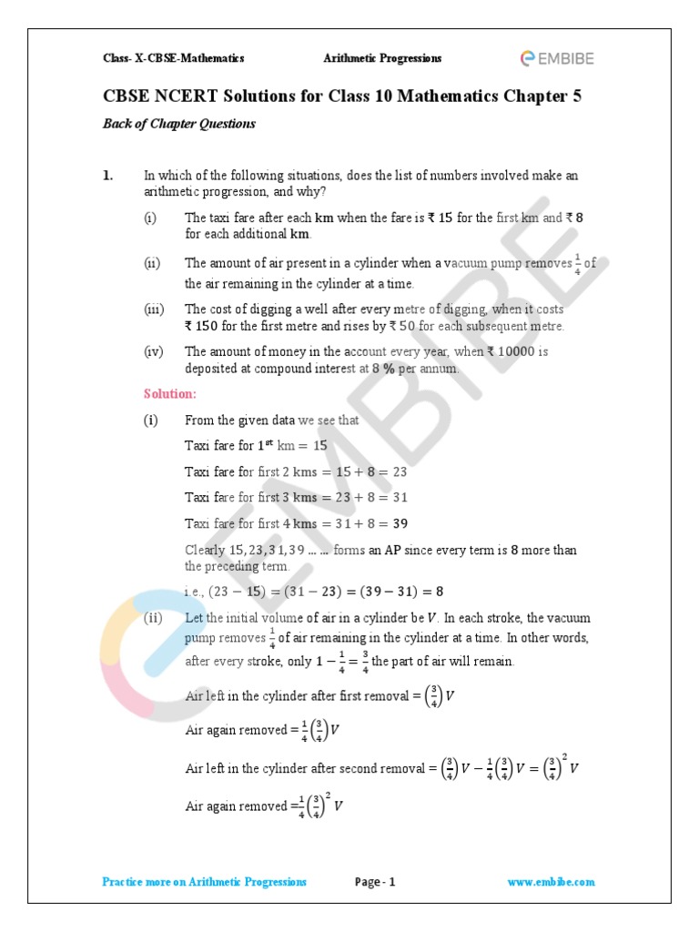 CBSE NCERT Solutions For Class 10 Mathematics Chapter 5: Back of ...