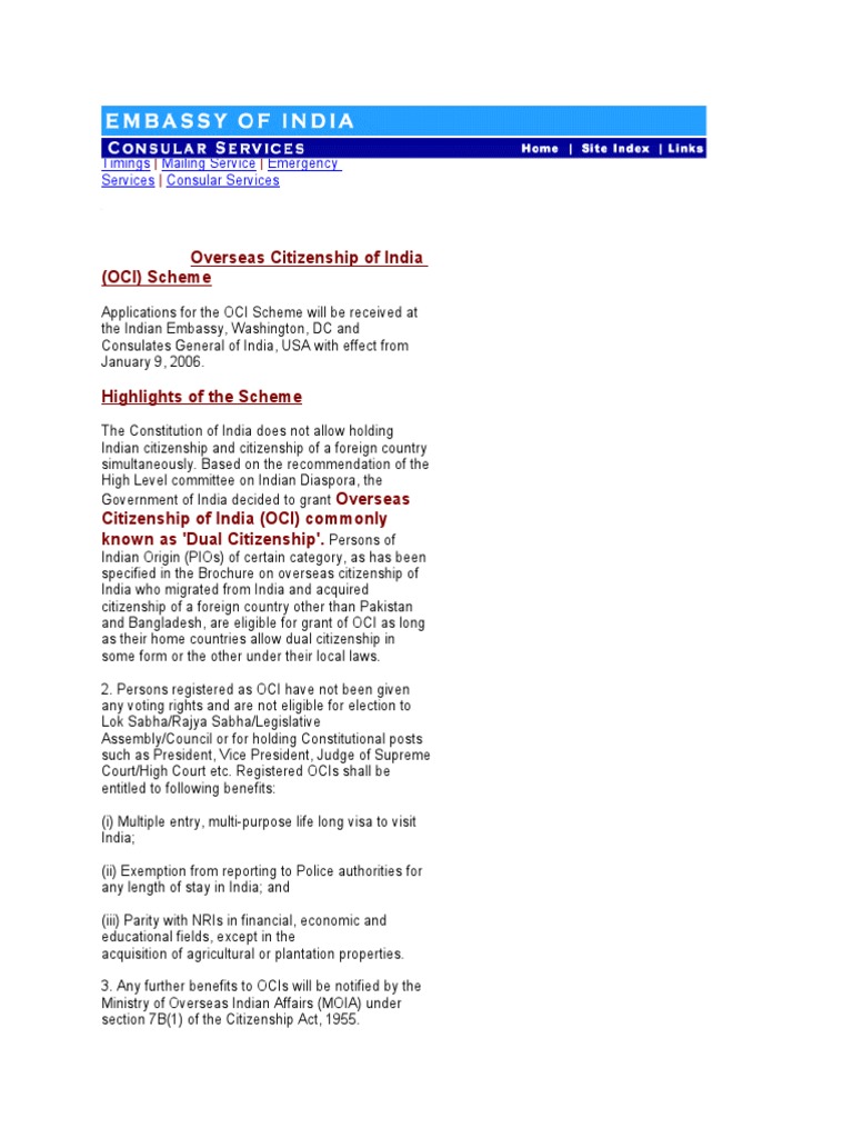 Overseas Citizenship of India (OCI) Scheme | PDF | Nationality Law ...