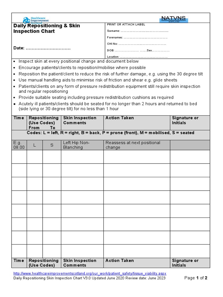 Daily Repositioning & Skin Inspection Chart | PDF