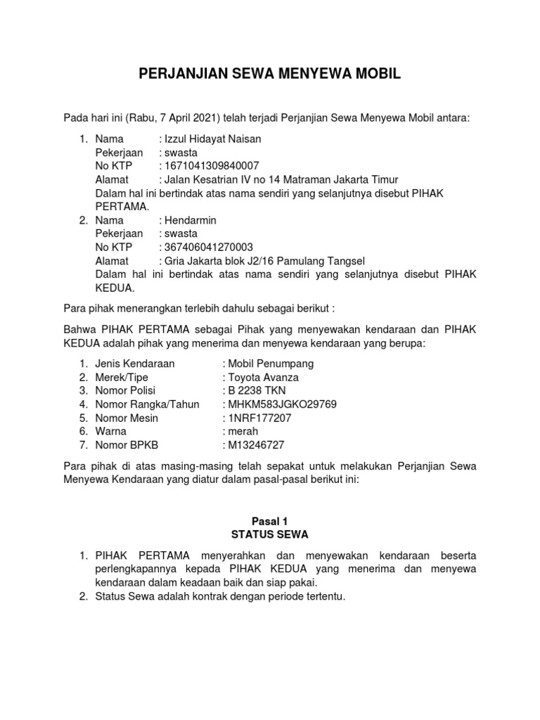 Contoh Surat Perjanjian Sewa Menyewa Mobil | PDF