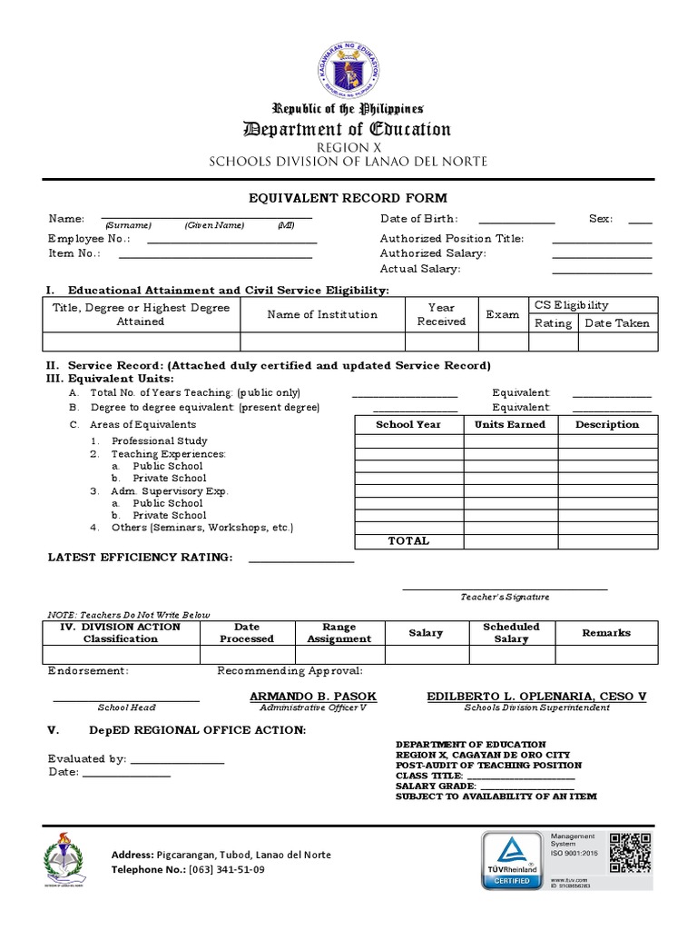 Equivalent Record Form for Teachers | PDF | Bachelor's Degree | Teachers