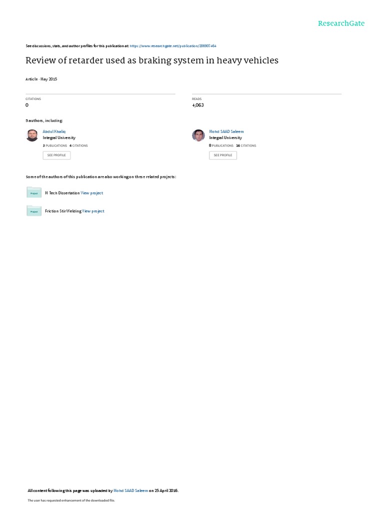 Review of Retarder Used As Braking System in Heavy Vehicles: Article ...