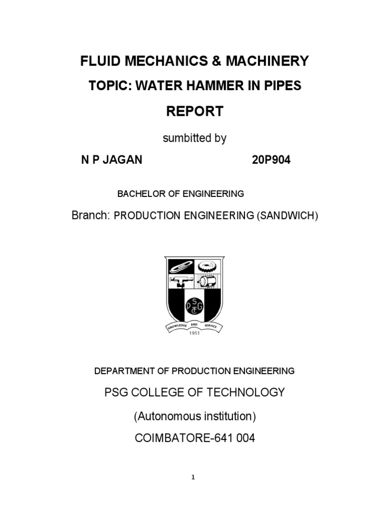 Fluid Mechanics & Machinery: Topic: Water Hammer in Pipes | Download ...