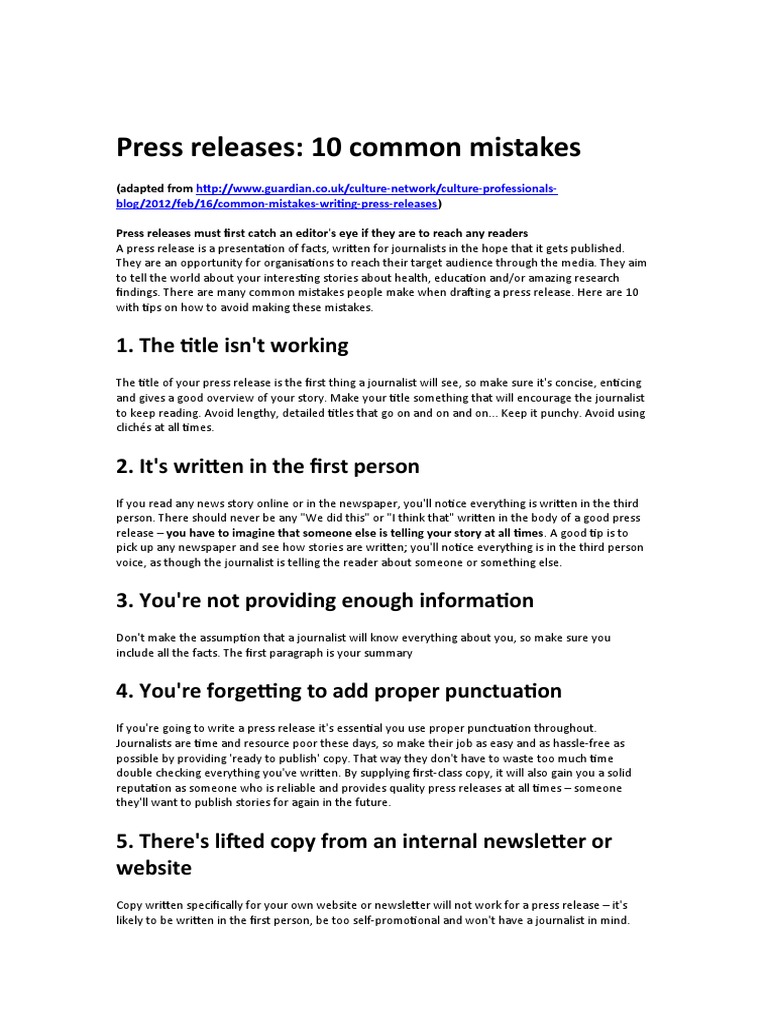Avoiding 10 Common Press Release Mistakes | PDF | Press Release ...