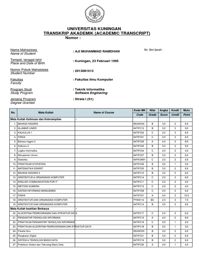 Universitas Kuningan Transkrip Akademik (Academic Transcript) | PDF