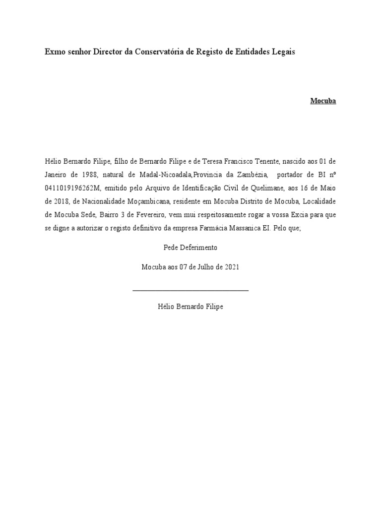 Exmo Senhor Director Da Conservatória de Registo de Entidades Legais | PDF