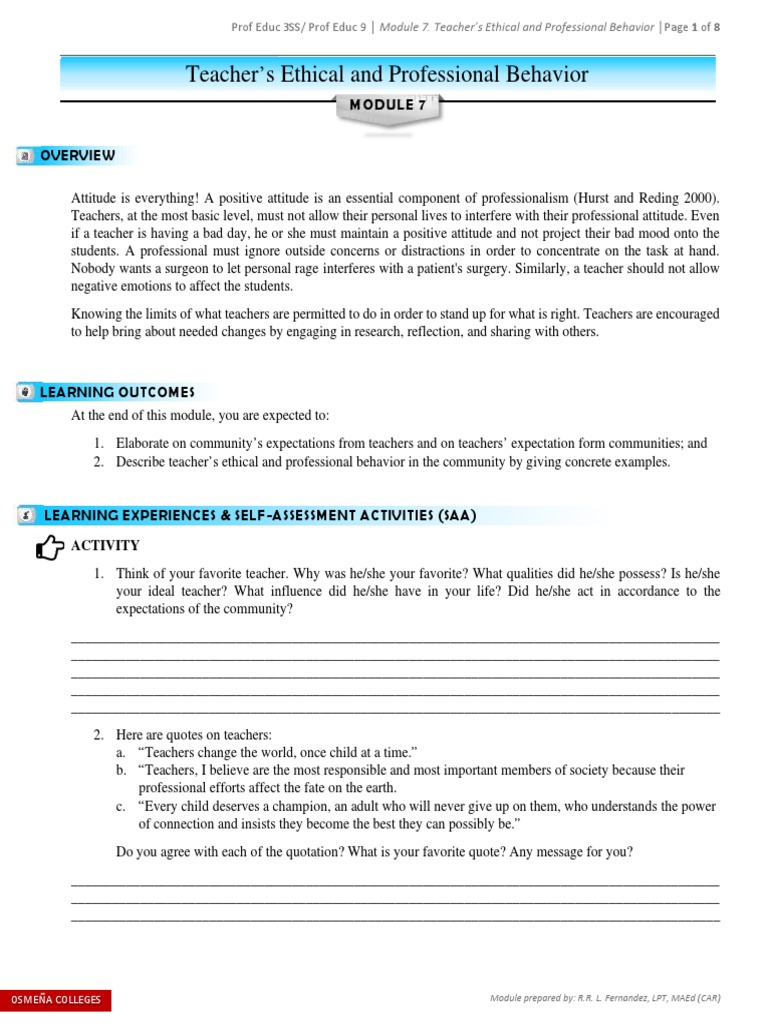 Module 7. Teacher's Ethical and Professional Behavior | PDF | Attitude ...