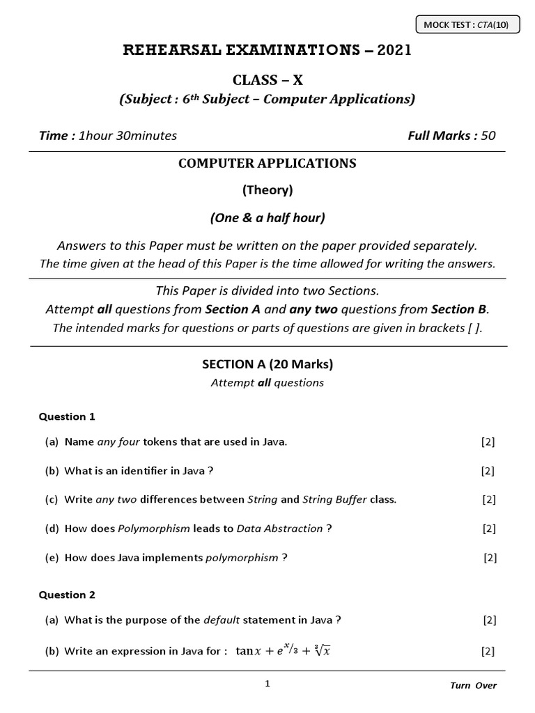REHEARSAL EXAMINATIONS MT (CTA For Class10) | PDF | Class (Computer Programming) | Java ...