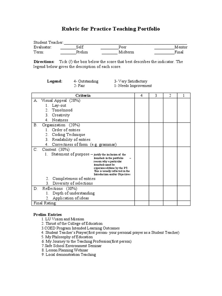 Rubric For Practice Teaching Portfolio | Download Free PDF | Mentorship ...