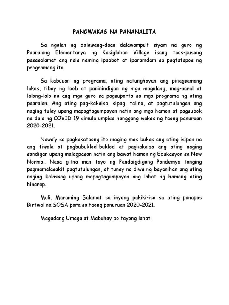 State of The Schools Address. Closing Remarks | PDF