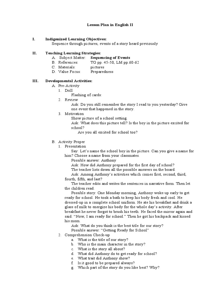 LP ENG 2 (Q1-Sequencing Events) | PDF | Lesson Plan | Education Theory