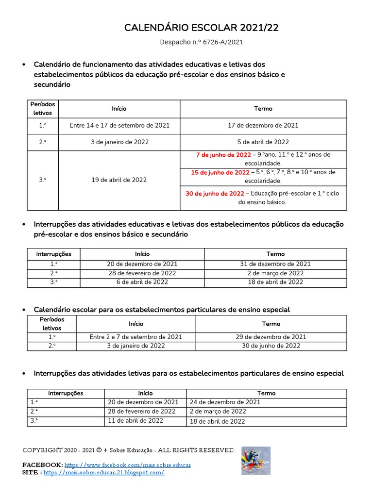 Calendario Escolar 21 - 22 Simples - Atualizado | PDF | Ensino médio ...