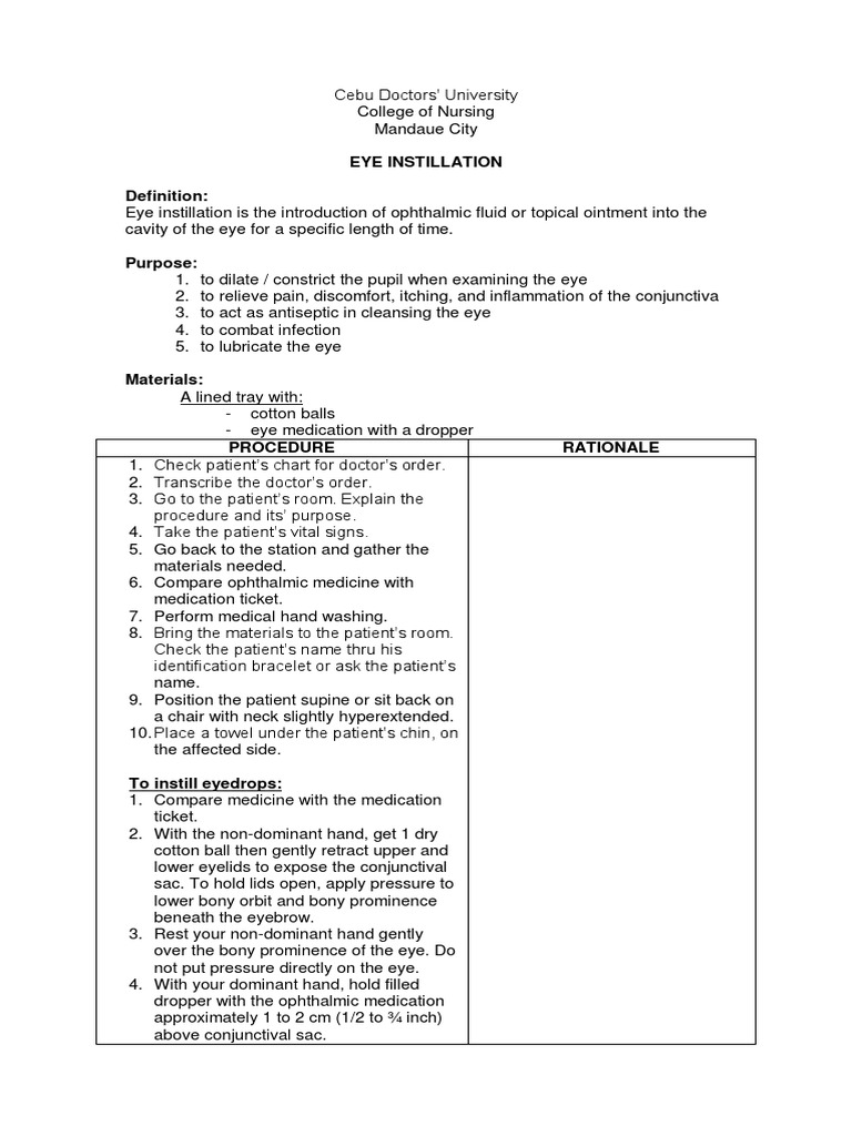 Eye Instillation Procedure Guide Nursing | PDF | Eye | Clinical Medicine
