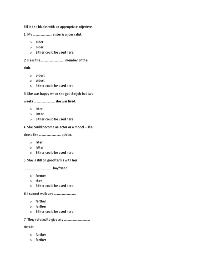 Adjective Fill-in-the-Blanks Exercise | PDF | Sports & Recreation ...