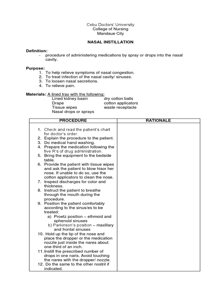 Nasal Instillation Procedure Guide Nursing | PDF | Human Nose | Human ...