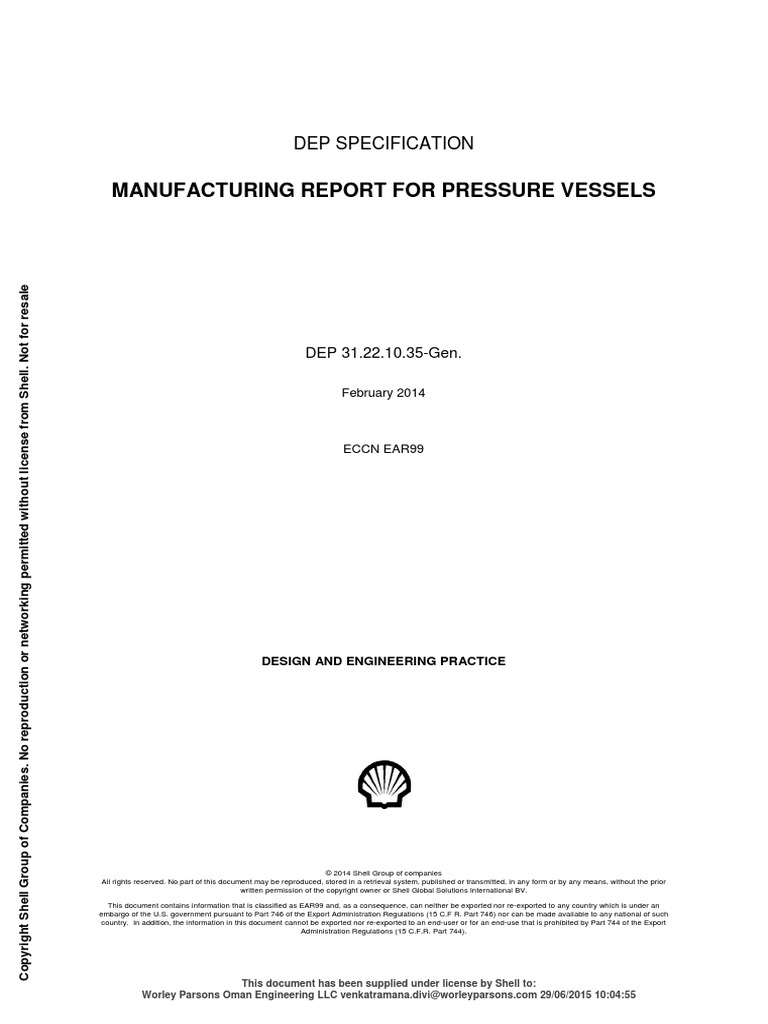 Manufacturing Report For Pressure Vessels: Dep Specification | PDF ...