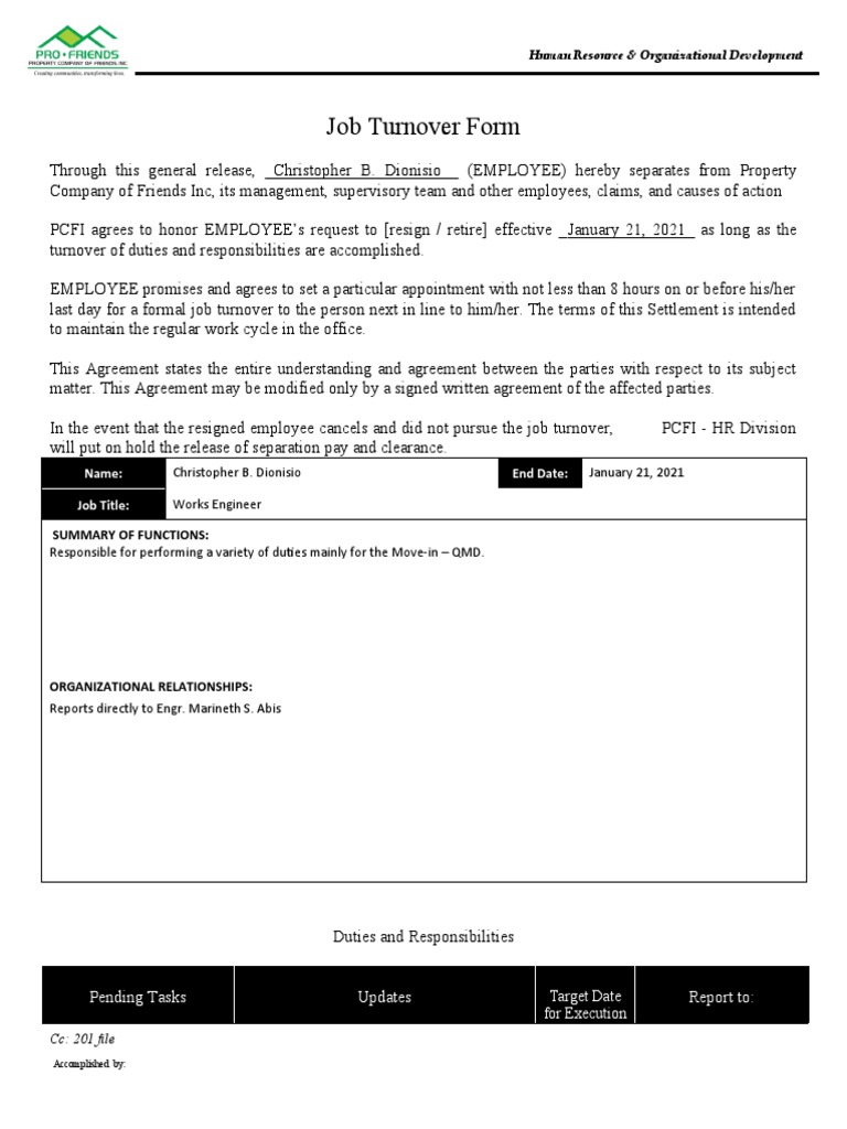 Job Turnover Form - PCFI | PDF | Turnover (Employment) | Human Resource ...