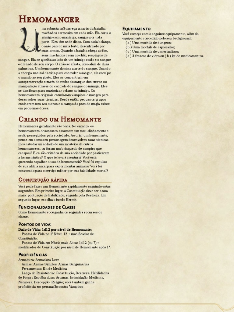 Class - Hemomancer D&D | PDF | Sangue | Natureza