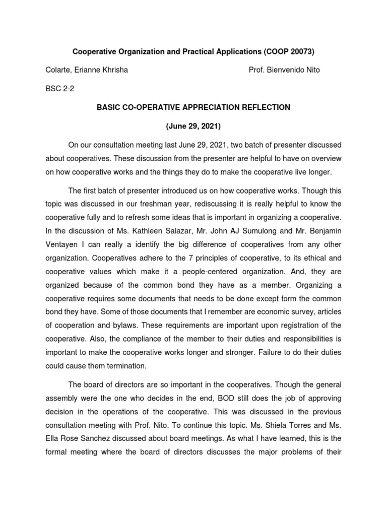 Colarte Erianne Khrisha BSC2 2 Basic Cooperative Appreciation ...