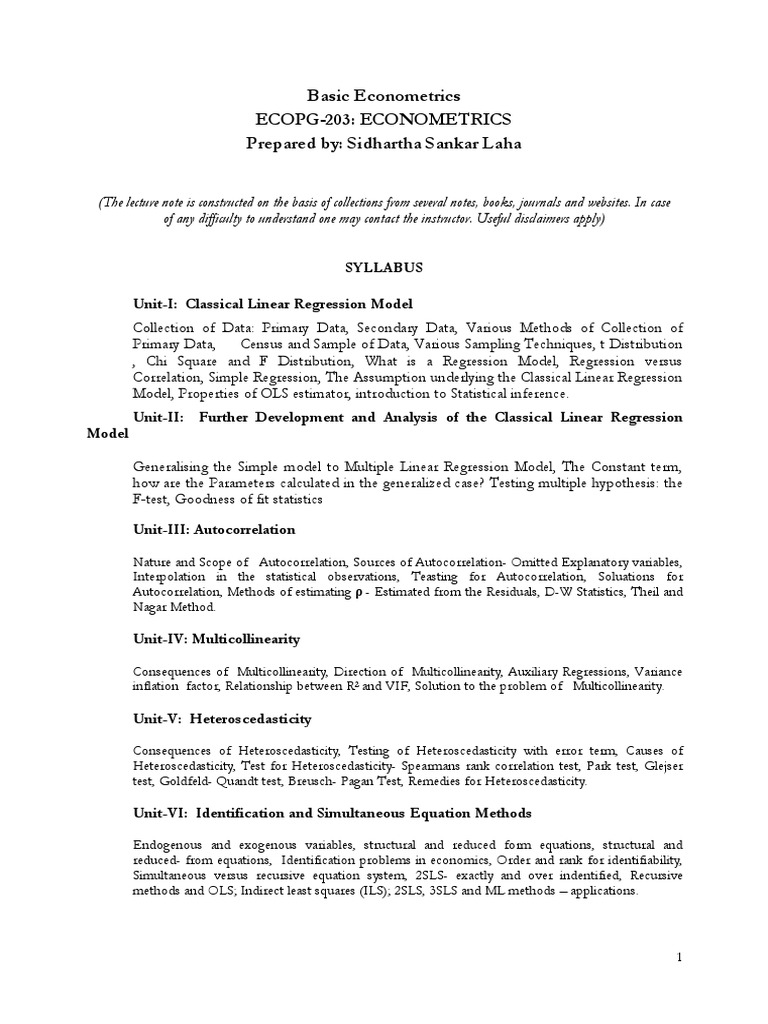 Study Materials Econometrics - Compressed | PDF | Sampling (Statistics) | Regression Analysis
