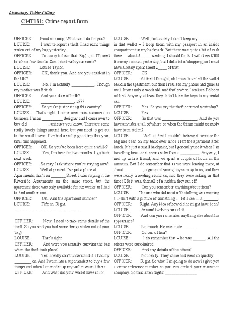 C14T1S1: Crime Report Form: Listening: Table-Filling | PDF
