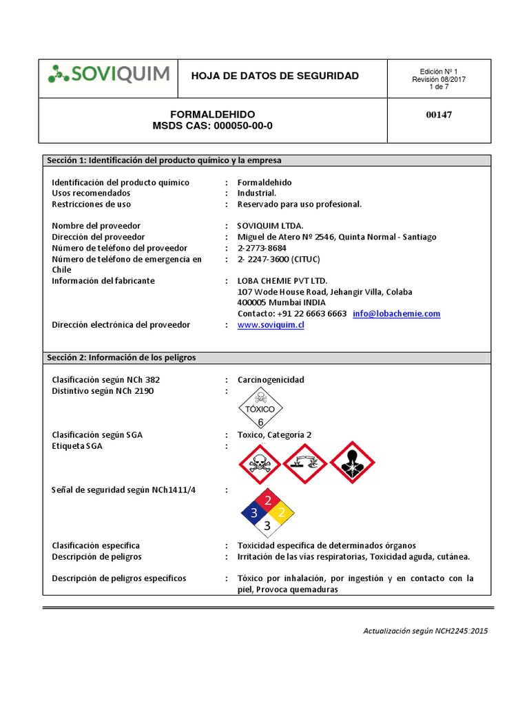 Formaldehido Hoja de datos de seguridad | PDF | Formaldehído | Toxicidad