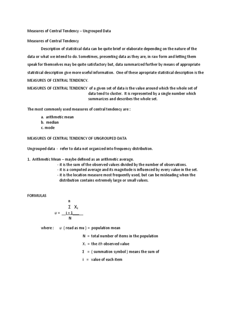 Measures of Central Tendency Ungrouped Data | PDF | Mean | Mode ...