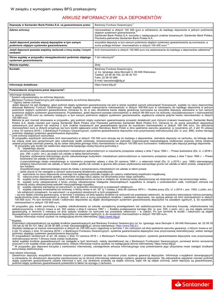 BFG Arkusz Informacyjny Dla Deponentow BFG | PDF