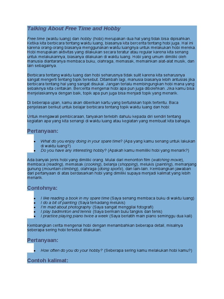 Talking About Free Time and Hobby Modul | PDF | Seni & Disiplin Bahasa