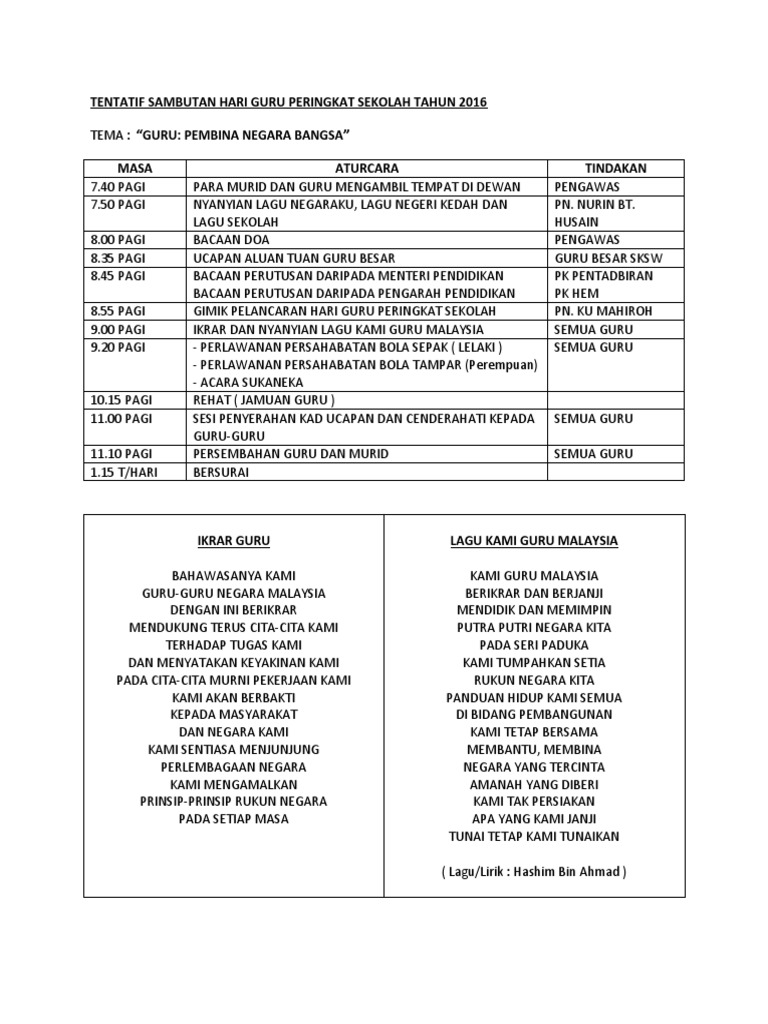 Ajk Dan Tentatif Sambutan Hari Guru Peringkat Sekolah Tahun 2016 | PDF Ajk Dan Tentatif Sambutan Hari Guru Peringkat Sekolah Tahun 2016 | PDF