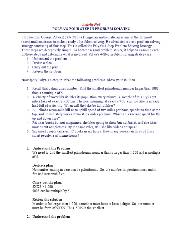 Polya'S Four Step in Problem Solving: Activity No3 | PDF | Teaching ...