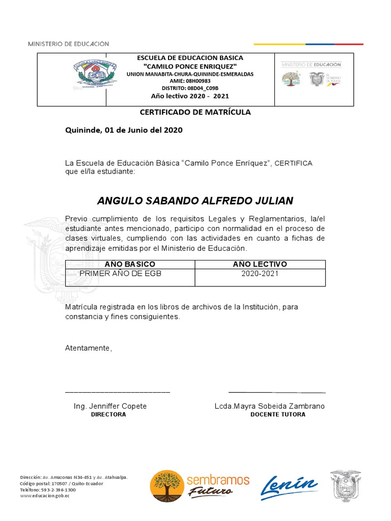 Certificado de Matricula Decimo | PDF