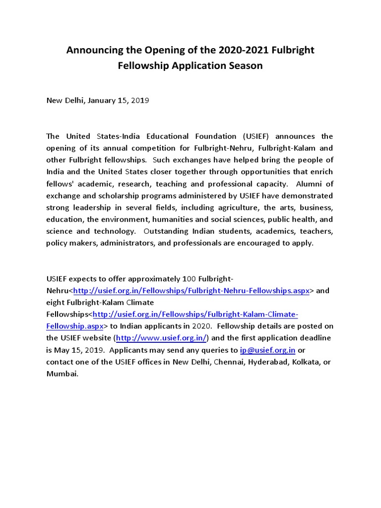 Announcing The Opening of The 2020-2021 Fulbright Fellowship ...
