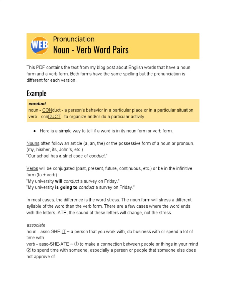 Noun - Verb Pairs PDF | PDF | Grammatical Conjugation | Verb