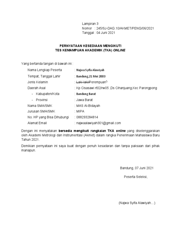 Formulir Kesediaan Mengikuti TKA Online | PDF