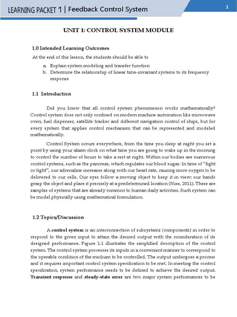 Unit 1: Control System Module: 1.0 Intended Learning Outcomes ...