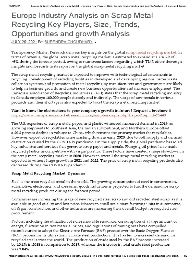 Europe Industry Analysis On Scrap Metal Recycling Key Players, Size ...