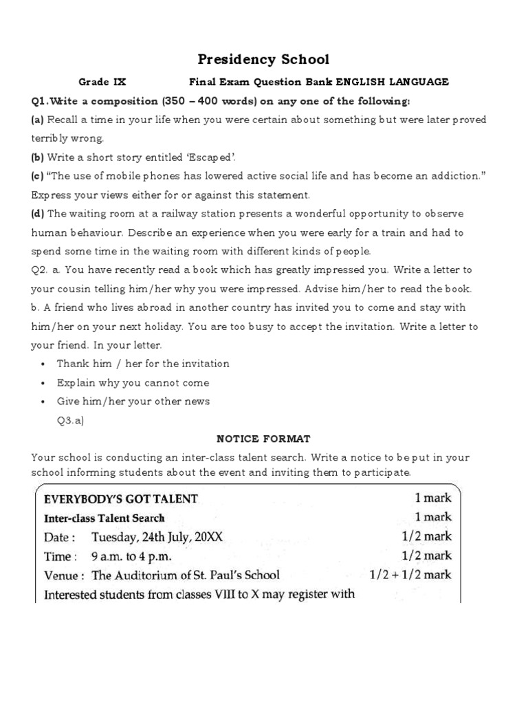 Presidency School: Grade Ix Final Exam Question Bank English Language | PDF